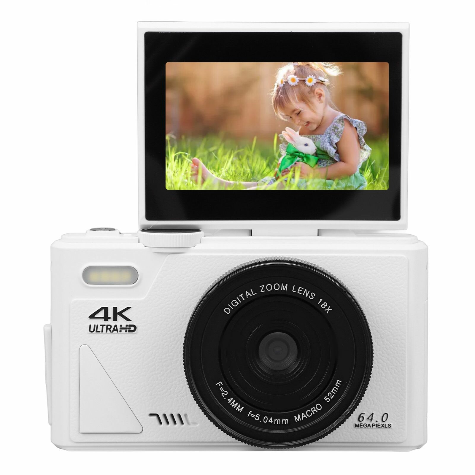 4K цифровая камера 64МП UHD, 18-кратное увеличение, автоподсветка, компактная с 3-дюймовым экраном для путешествий и видеоблогов, белая