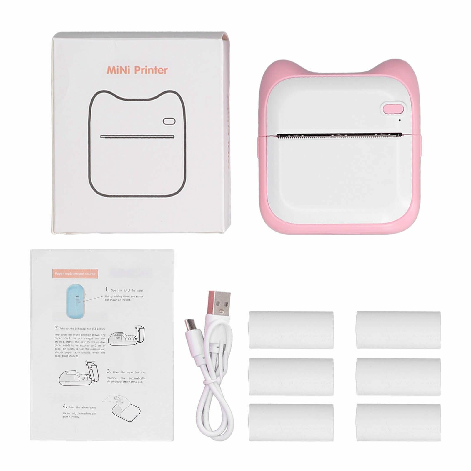 Термопринтер Bluetooth с прямым подключением USB-зарядка 203DPI 1000 мАч Портативный мини-принтер для изображений с бумагой для печати Розовый