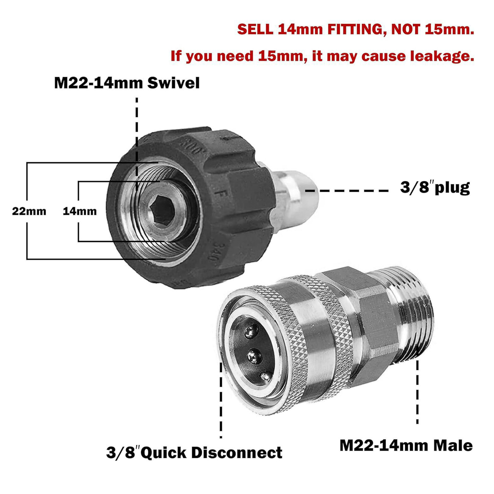Комплект адаптеров для мойки высокого давления, комплект из 8 быстроразъемных соединений из нержавеющей стали, поворотный шарнир M22 на 3/8" быстроразъемное соединение, 3/4" на быстроразъемное соединение