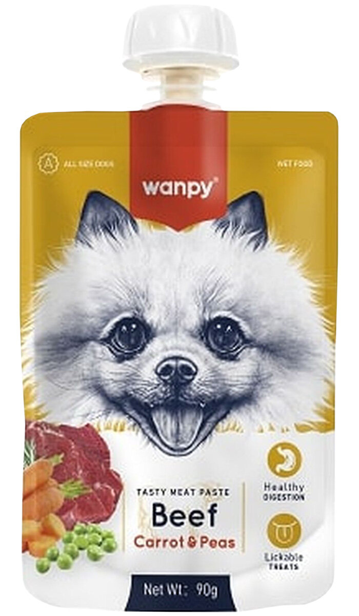 Лакомство WANPY DOG для собак, мясной мусс с говядиной, морковью, горохом, 90 гр