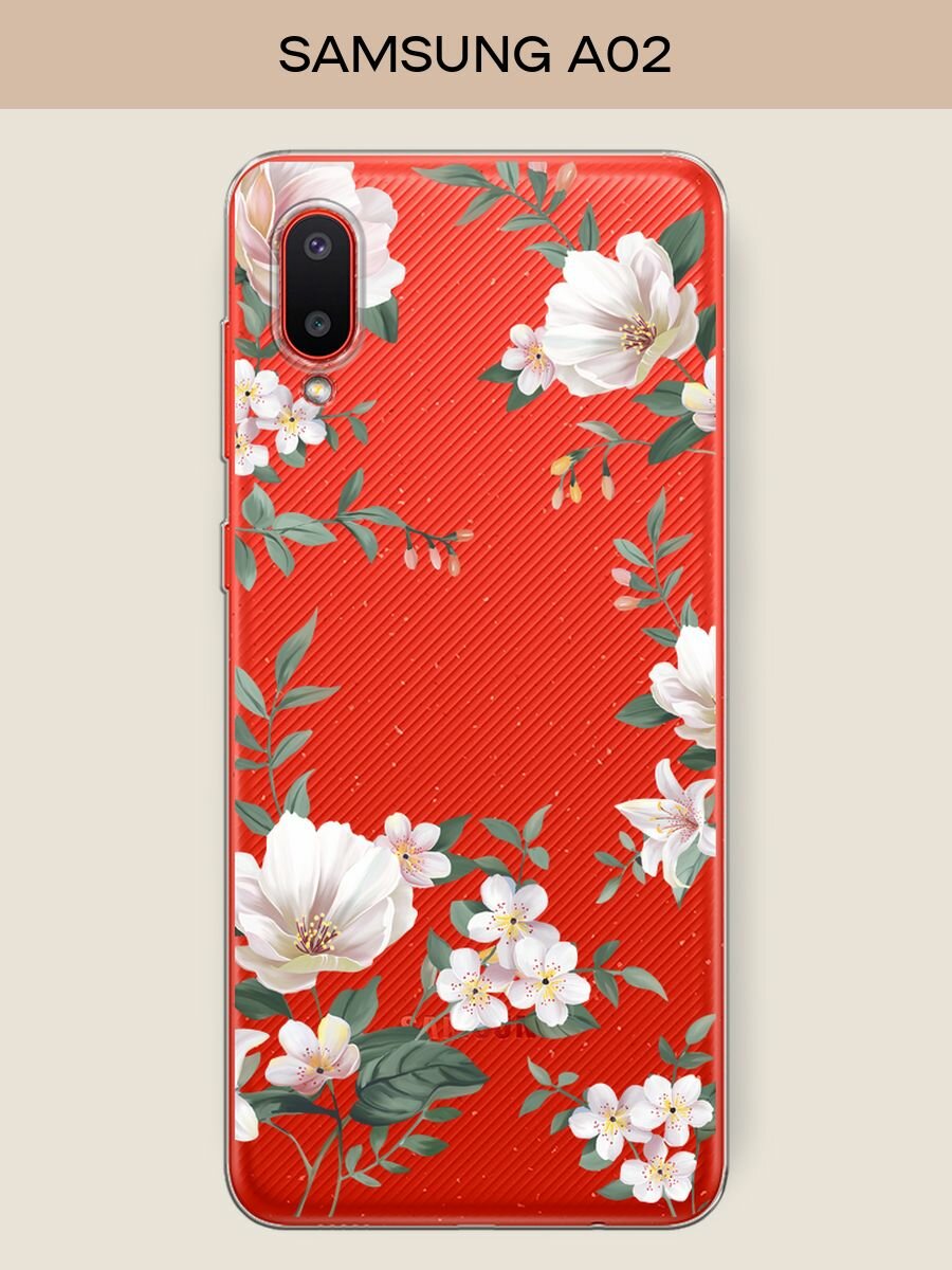 Чехол на Samsung Galaxy A02 / Самсунг Галакси А02 с принтом "Beautiful white flowers", прозрачный