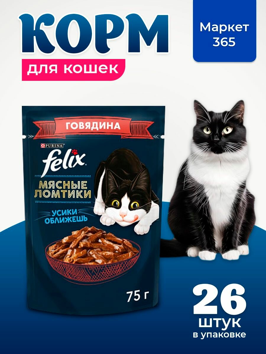Влажный корм для кошек Felix Мясные ломтики, в соусе с говядиной, 75 г x 26 шт