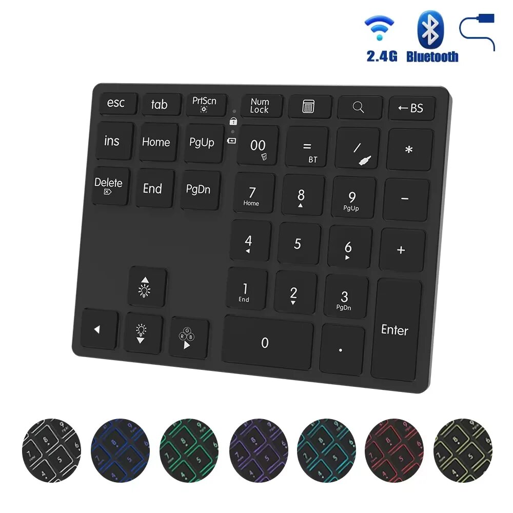 Беспроводная цифровая клавиатура с подсветкой Bluetooth Numpad RGB Перезаряжаемая 34-клавишная цифровая клавиатура Внешняя цифровая клавиатура Вход данных