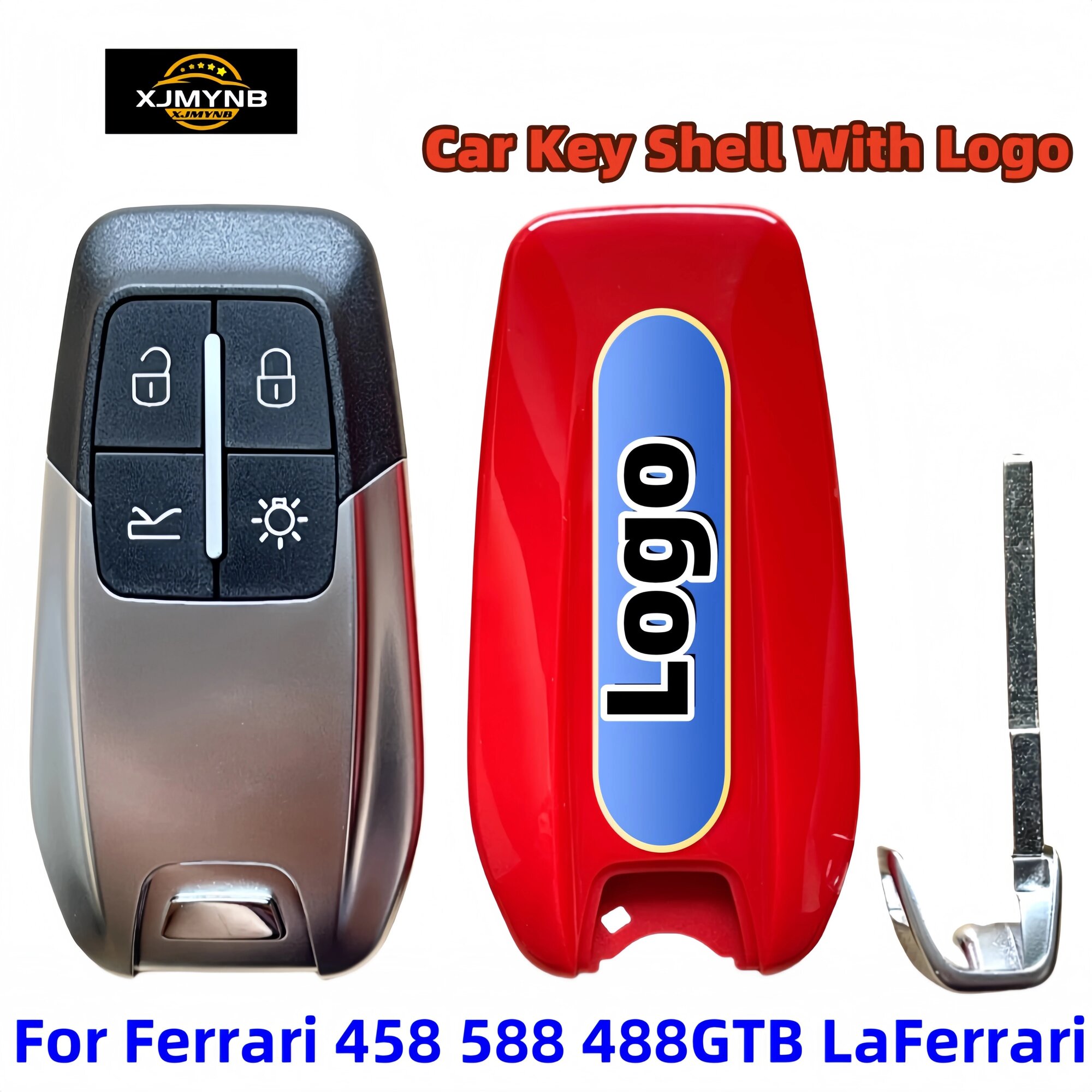 Сменный корпус ключа-брелока XJMYNB для Ferrari 458, 588, 488GTB, LaFerrari, 4 кнопки, с лезвием и наклейкой с логотипом