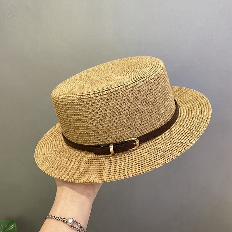 Новая соломенная шляпа с поясом в корейском стиле, женская весенне-летняя модная универсальная шляпа с плоским цилиндром для отдыха и пляжа,