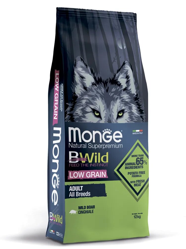 Сухой корм Monge Dog BWild LOW GRAIN для взрослых собак, низкозерновой, из мяса дикого кабана, 12 кг