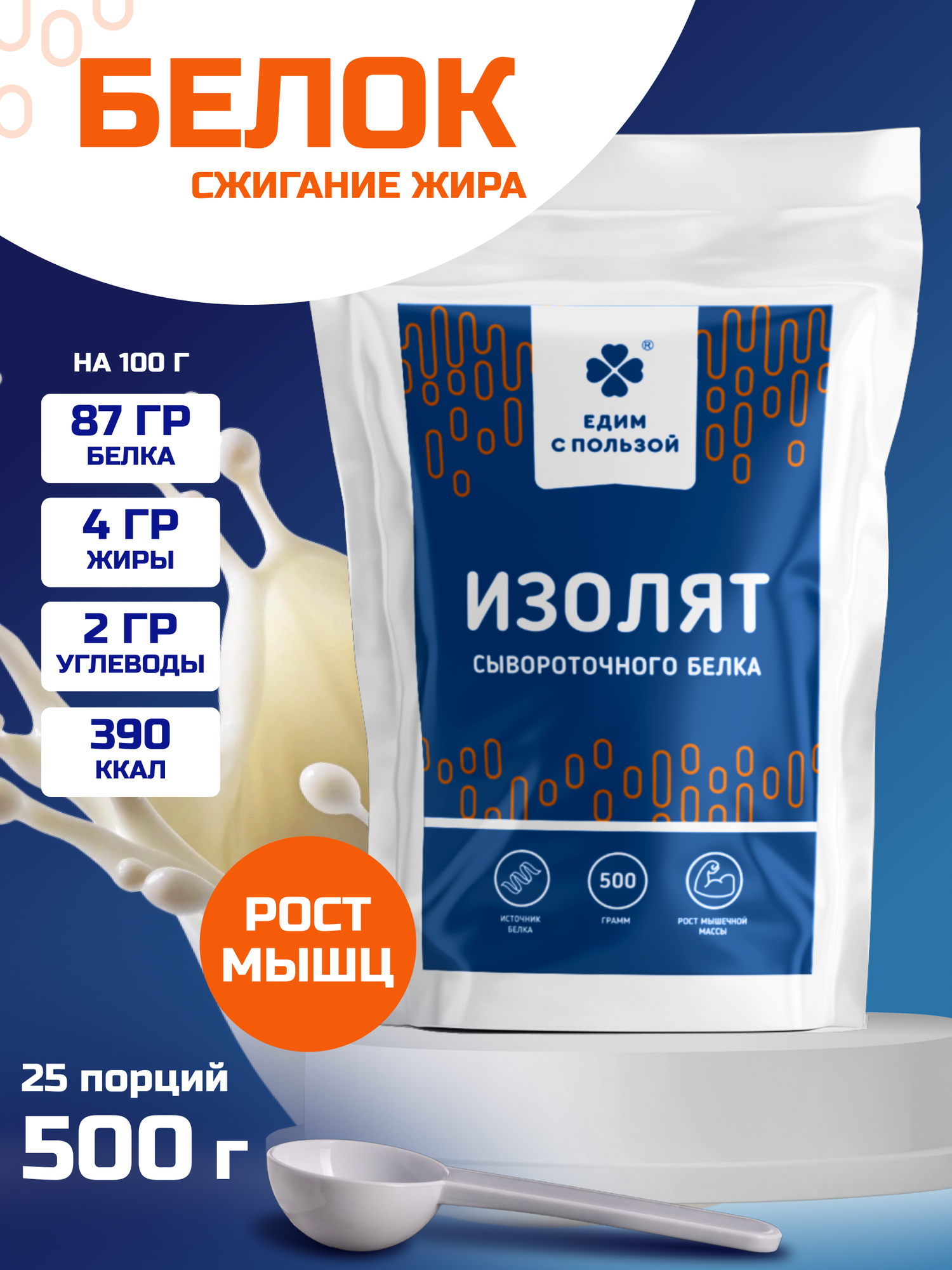 Протеин сывороточный, изолят сывороточного белка 90% 500 гр, без вкуса и сахара