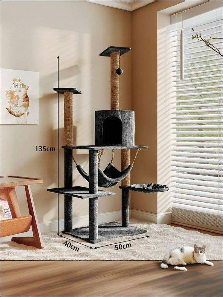 Кошачье дерево с когтеточкой и домиком, комплексный игровой центр для кошек, из джута (сизаля), компактное, для квартиры