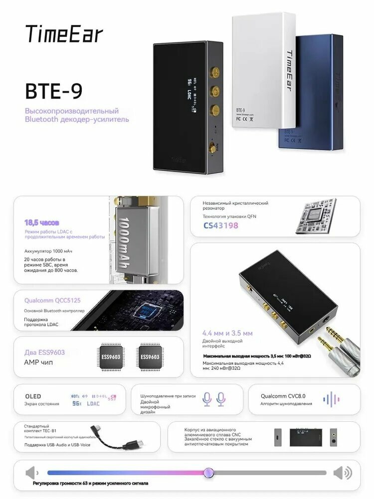 TimeEar BTE-9 Высокопроизводительный Bluetooth декодер-усилитель — фото 1