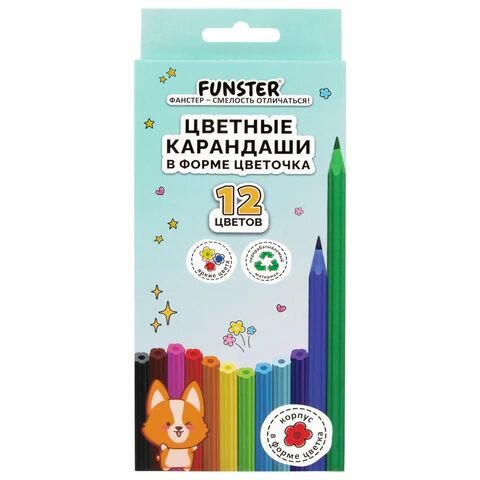 12 шт. Карандаши цветные FUNSTER (фанстер), 12 цветов, фигурный корпус в форме цветочка, 182069