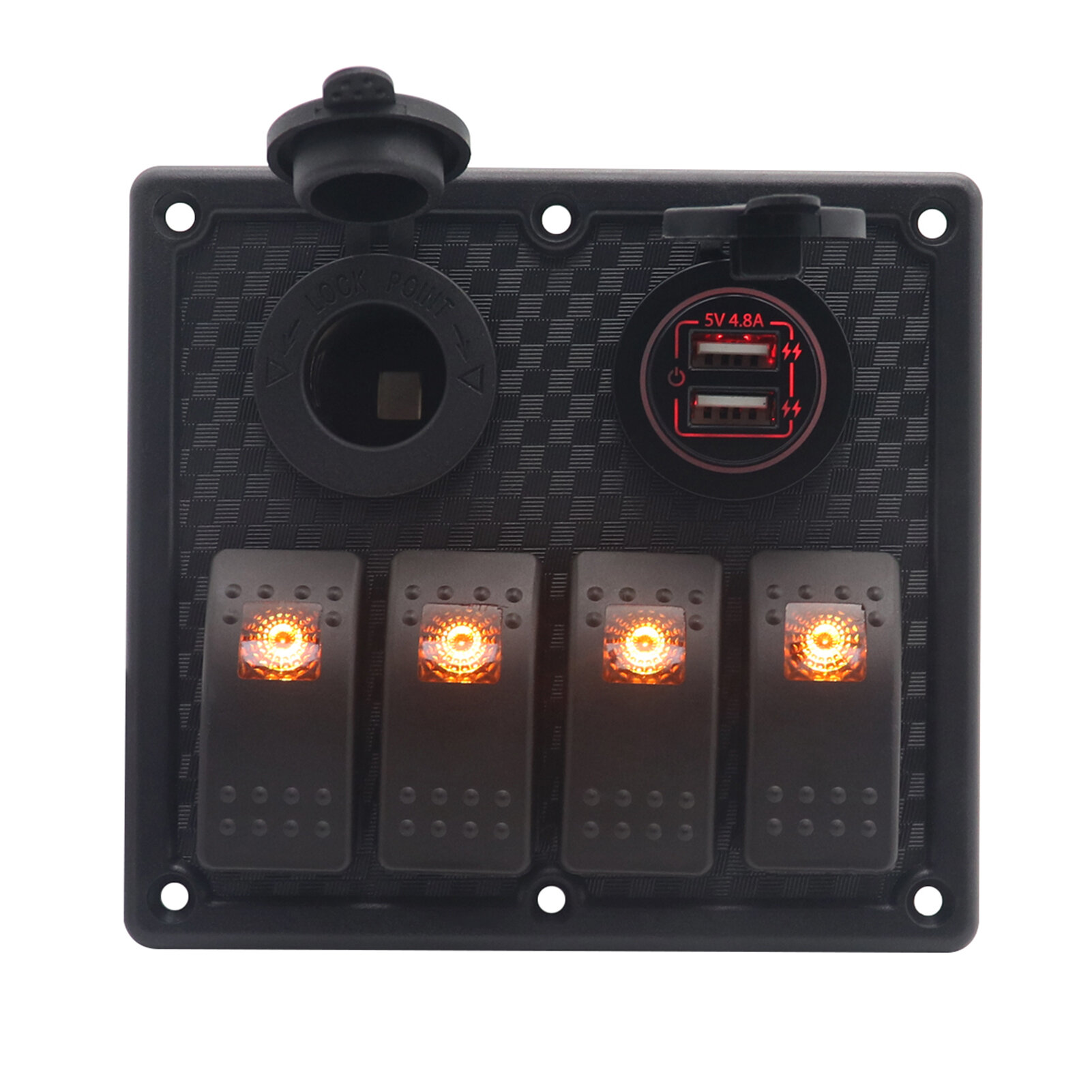 4 Gang Orange LED Switch Panel с 5V 4.8A Dual USB Car Charger и Lighter Socket и Wiring Kits для RV Car Truck Marine Boat, черный цвет, металл, Panel Mount, DC 12V/24V, размер 130.5*119.5*105mm, вес 278g, размер упаковки 113*122*120mm, вес упаковки 350g