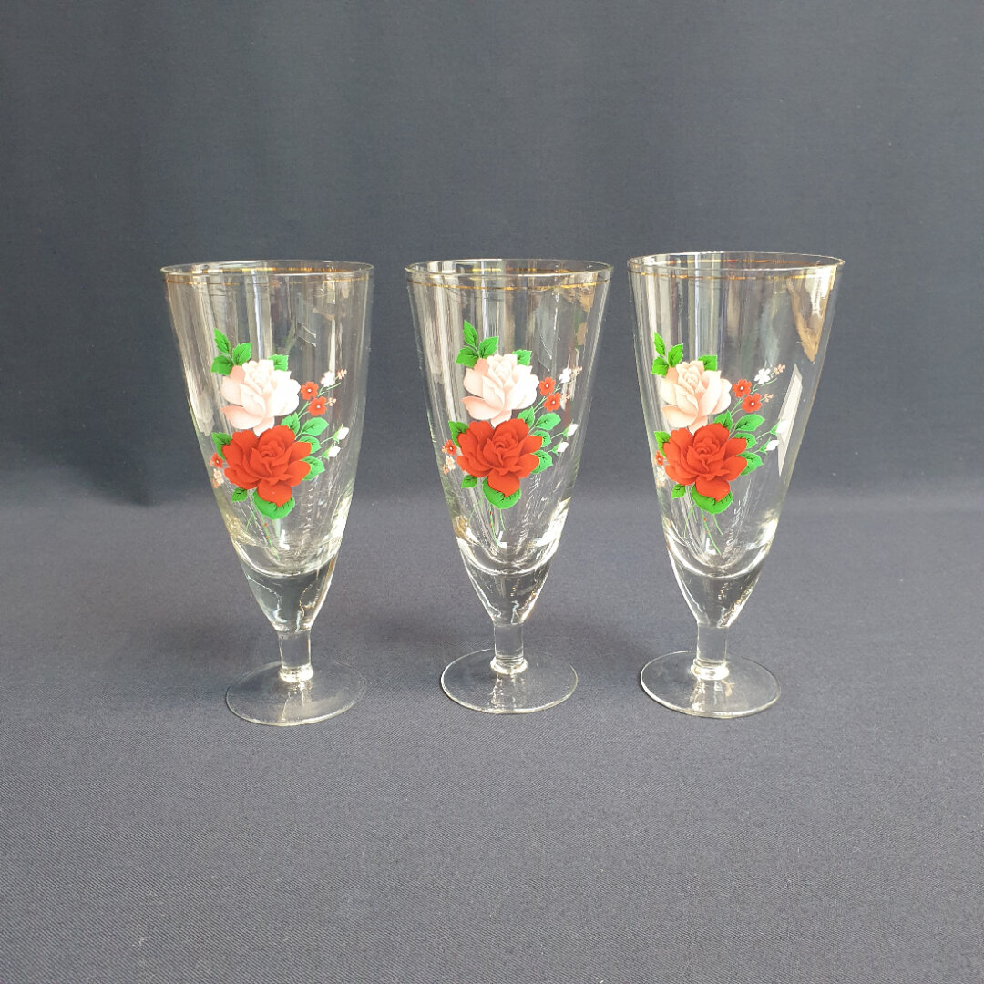 Набор из 3 бокалов, стекло позолота деколь 200 мл 16 см, винтаж СССР