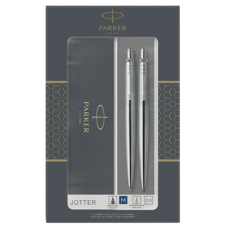 Набор Parker "Jotter Stainless Steel CT": ручка шариковая, 1,0мм и механический карандаш, 0,5мм, подарочная упаковка, 288615