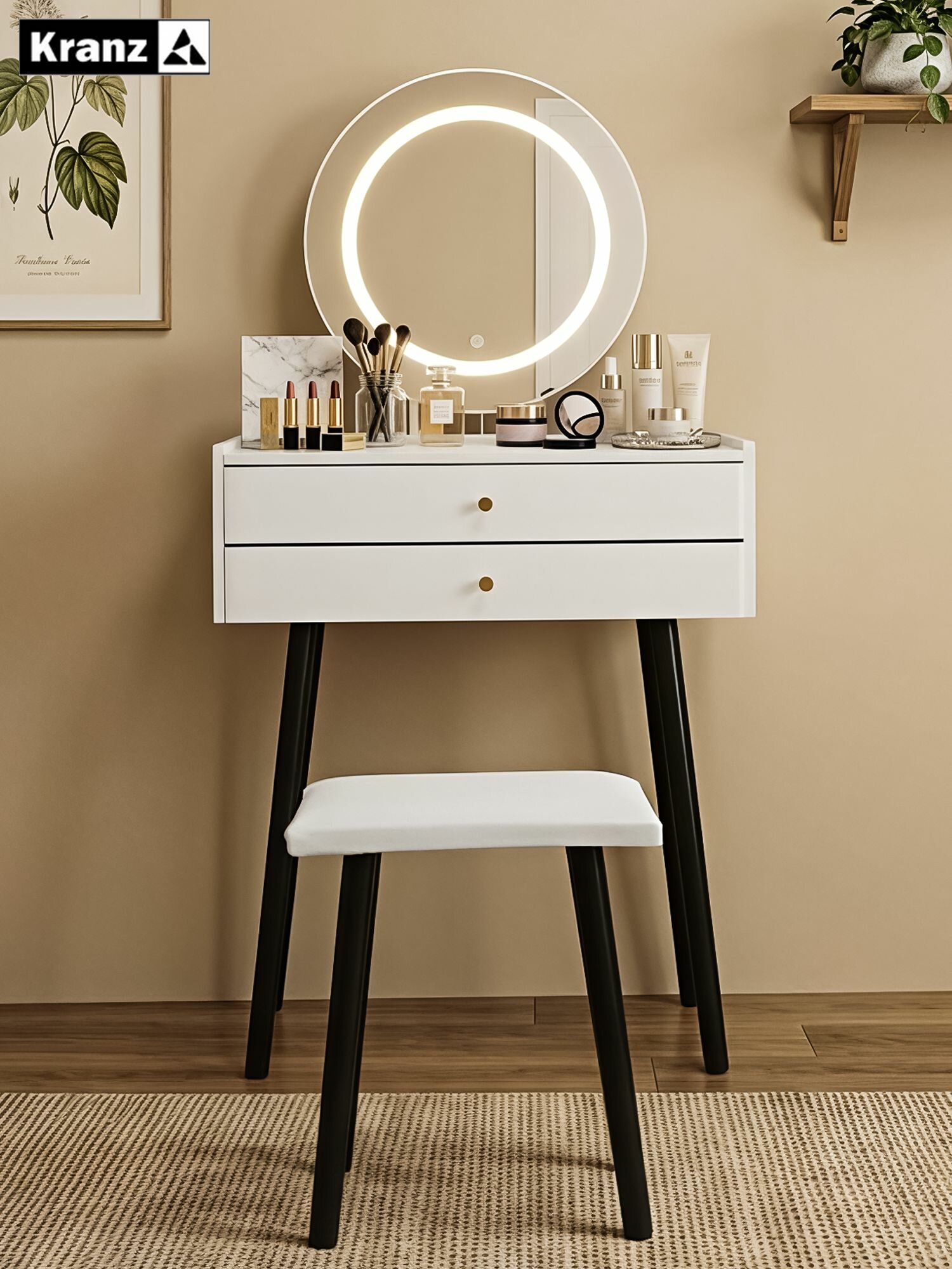 Kranz Белый туалетный столик с зеркалом, LED-подсветкой и табуреткой для макияжа SZT-036