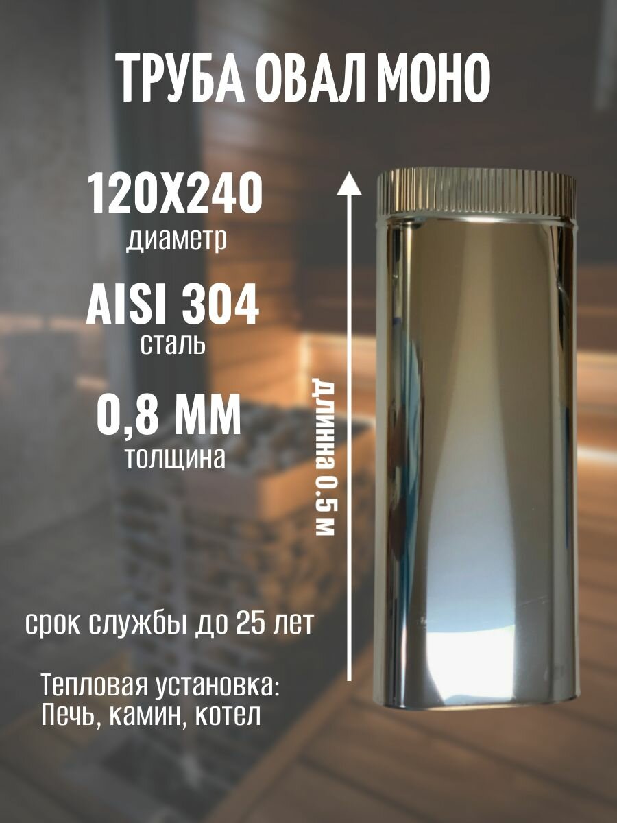 Труба овал моно L500 120х240, AISI 304, 0,8мм (ТиС)