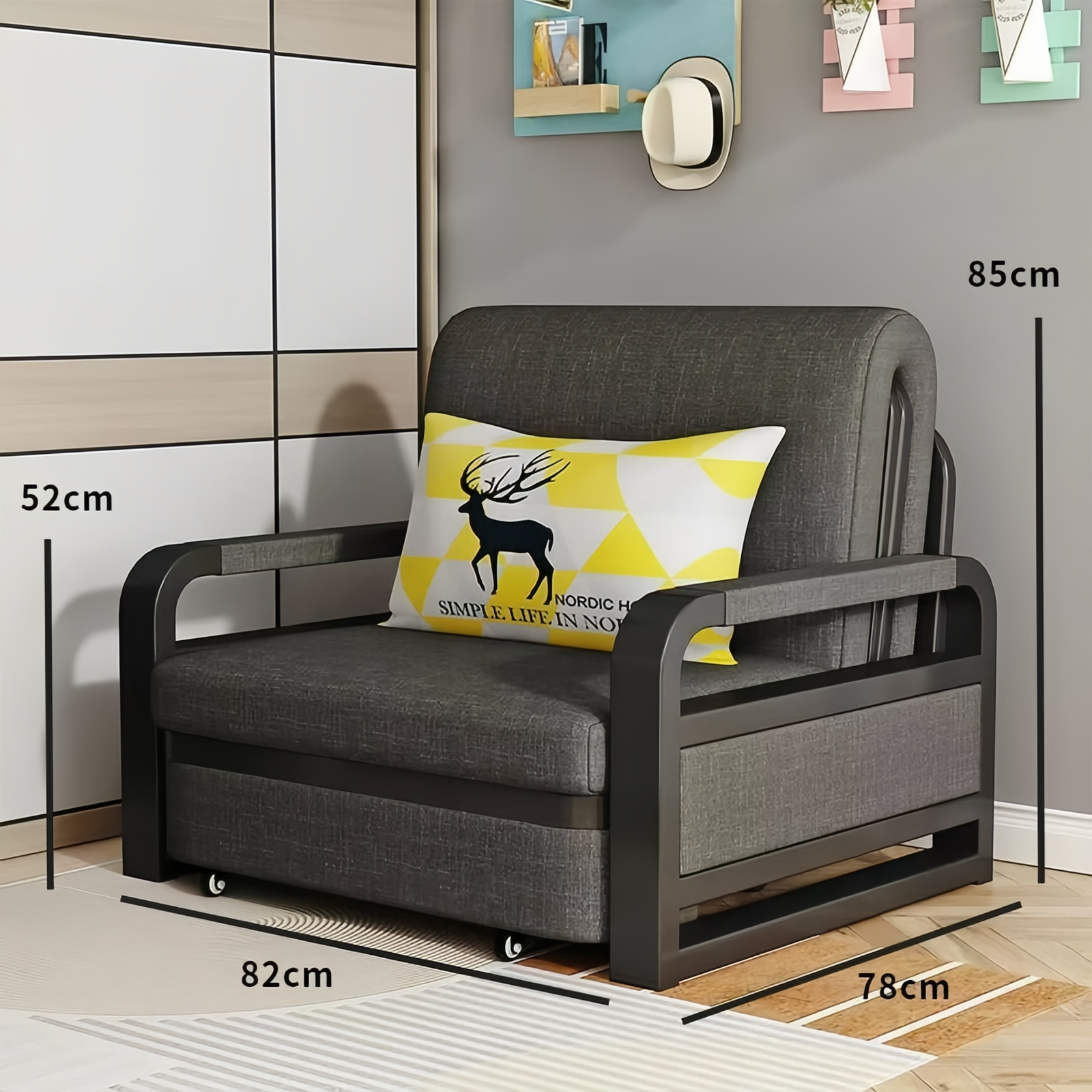 Кресло-кровать, раскладное, лен, серая/черная обивка, с подлокотниками