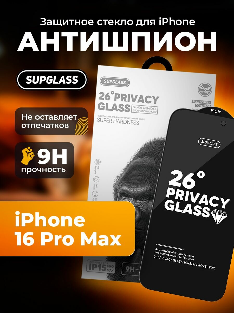 Защитное стекло антишпион на Apple iPhone 16 Pro Max (6.9"), антишпион стекло на айфон 16 про макс