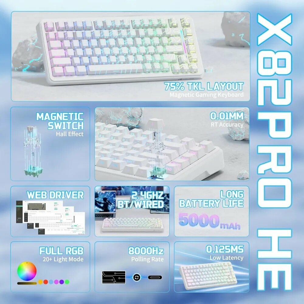 ATTACK SHARK Игровая клавиатура беспроводная X82PRO HE Игровая клавиатура с быстрым спуском, магнитные переключатели, ход срабатывания 0,01 мм, 8 кГц, Английская раскладка, белый