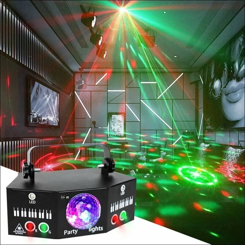 RGB Party Light, DJ Disco Beam Patterns Сценический лазерный световой проектор RGB LED Strobe Sound Свадебная лампа
