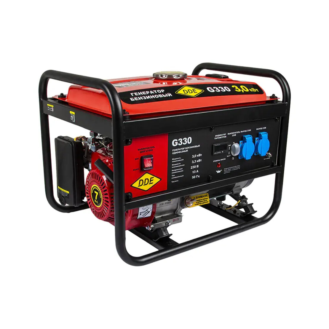 Генератор бензиновый 4-х тактный DDE G330 (919-938), 3.3 кВт, бак 15 л, 3000 об/мин, 1.5 л/ч, красный