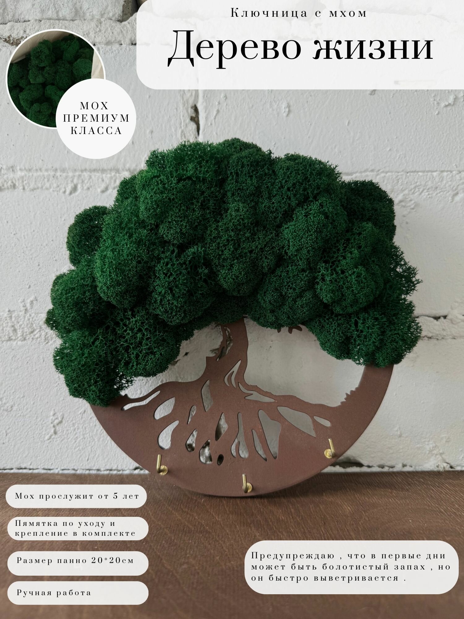 Ключница "Дерево жизни", декоративная, с мхом, коричневая, 20х20 см