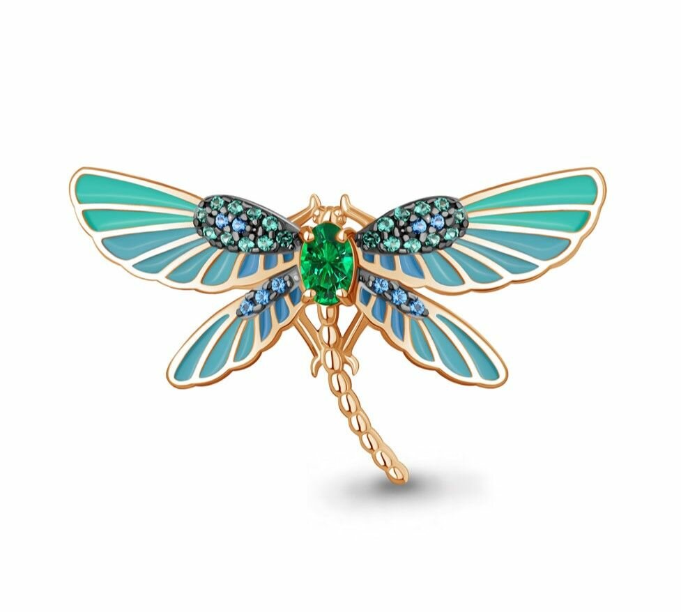 Брошь, серебро, 925 проба, фианит, сапфир синтетический, изумруд синтетический