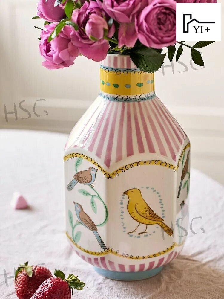 Фарфоровая ваза 'Соловей и Роза' – цветочный декор для гостиной и офиса (ручная роспись, подходит для гидропоники25 см)