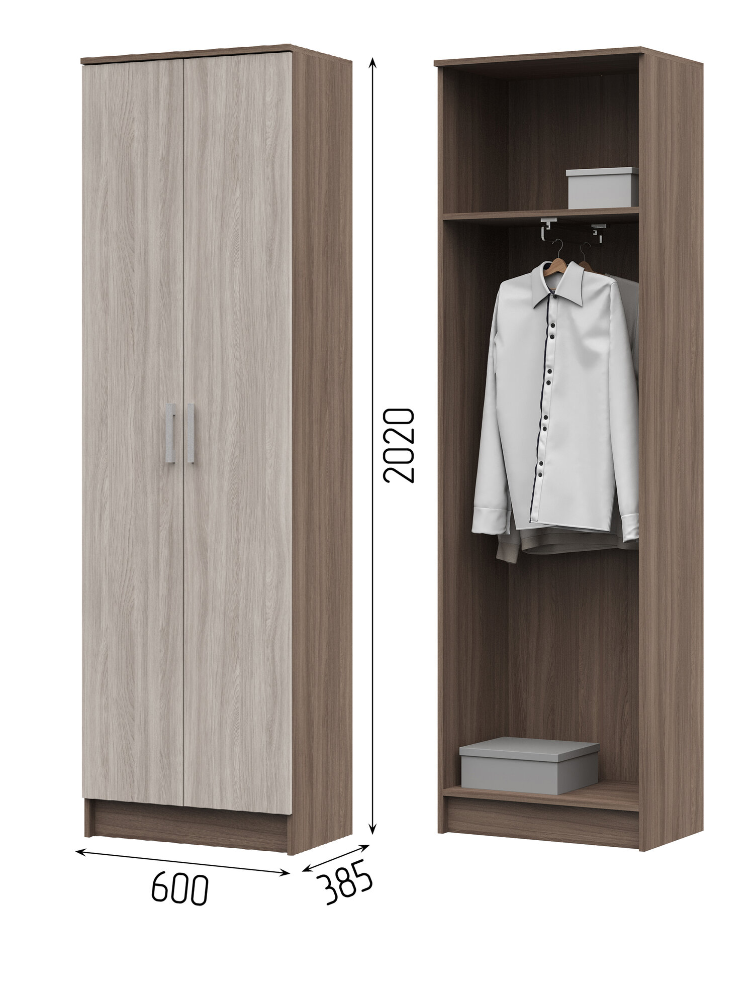 Шкаф ШК-203 Машенька платяной ЛДСП (600*2020*380), цвет Ясень-шимо темный/светлый Стендмебель