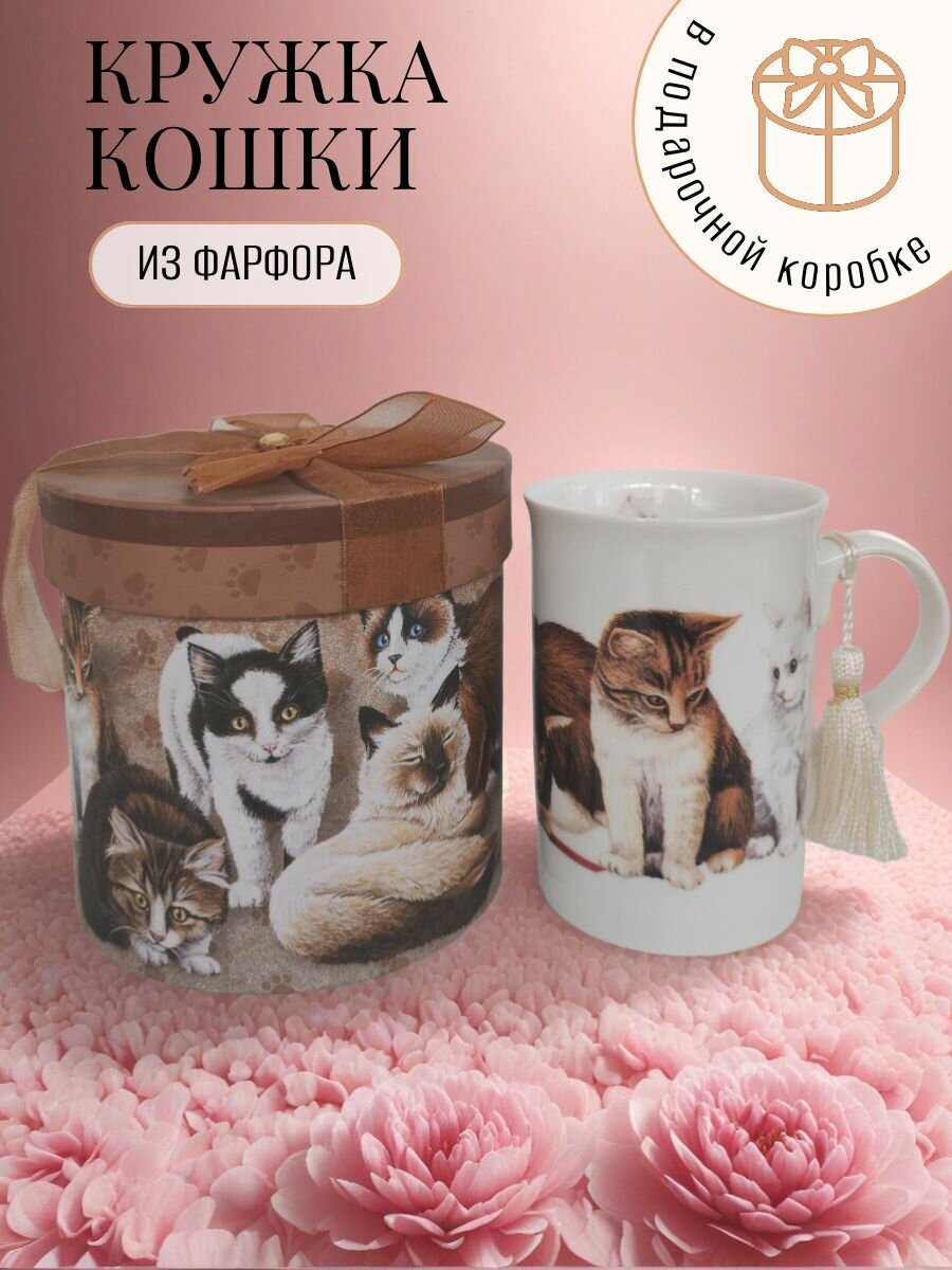 Фарфоровая кружка кошки в коричневой круглой подарочной коробке / подарочная кружка в праздничной упаковке кошки