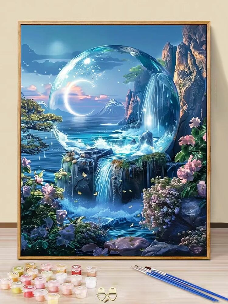 Картина по номерам для взрослых начинающих, пейзаж водопад и луна, 40x50 см, цветной холст без рамки, расслабляющее творчество и антистресс, подарок ручной работы для дома и интерьера