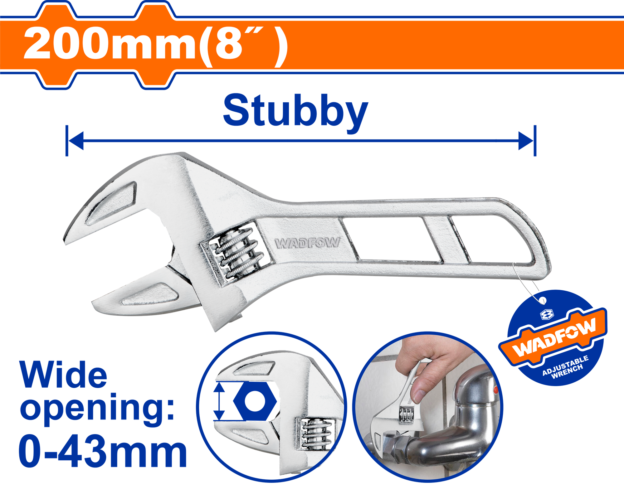Ключ разводной укороченная, кованая ручка 200мм, 0-43мм WADFOW