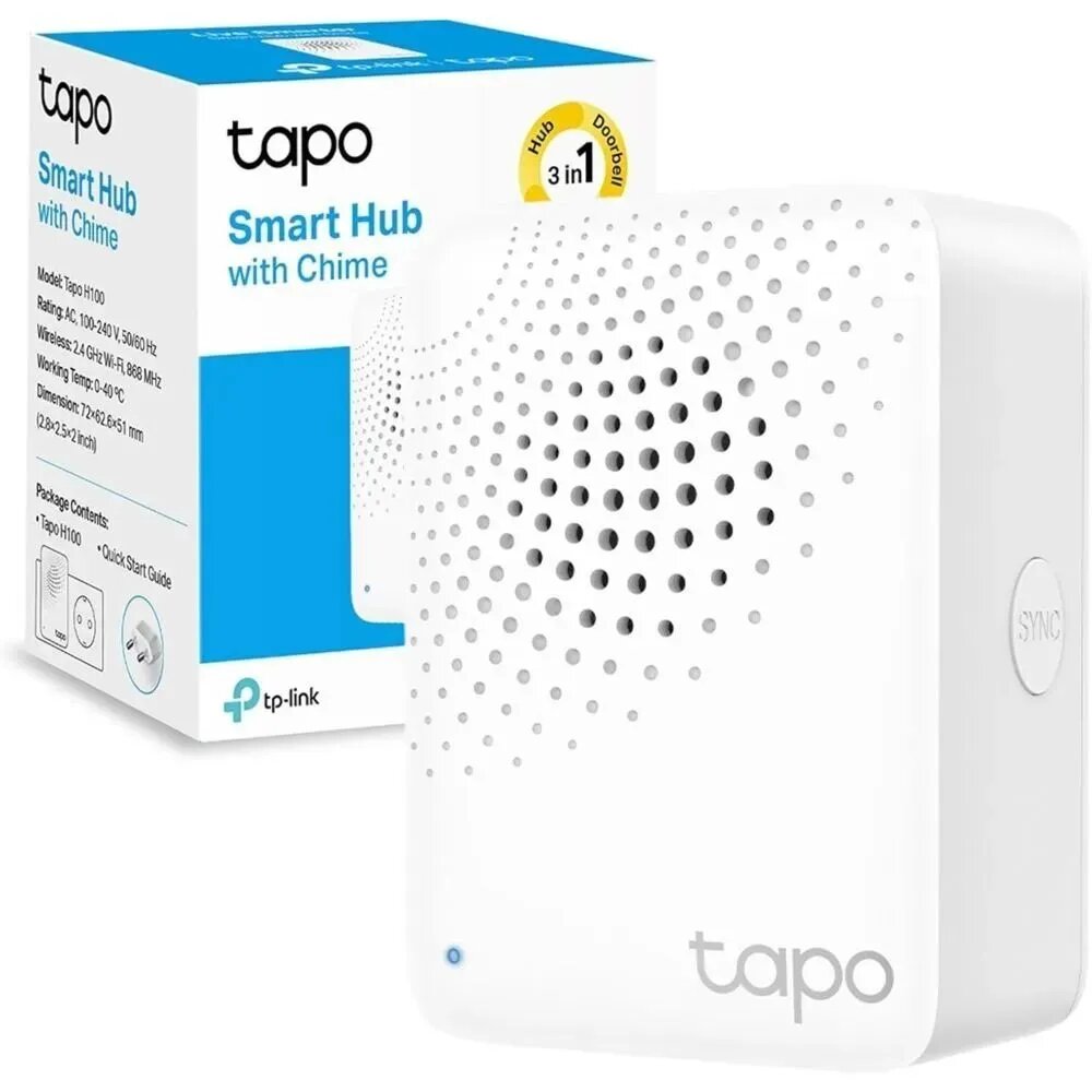 TP-Link Tapo H100 Умный хаб с встроенным звонком, требует Wi-Fi 2.4 ГГц, надежное дальнобойное подключение с датчиками Tapo, поддерживает подключение до 64 умных устройств
