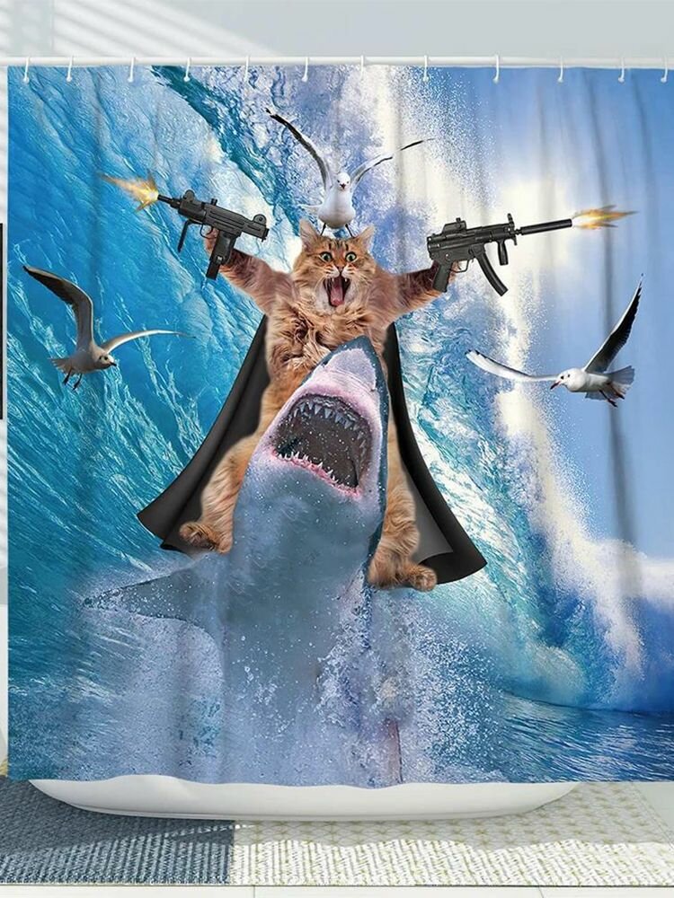 Занавеска для душа Brave cat верхом на акуле, занавеска для душа с акулой, перегородка для ванны, водонепроницаемая и защищенная от плесени, с крючком
