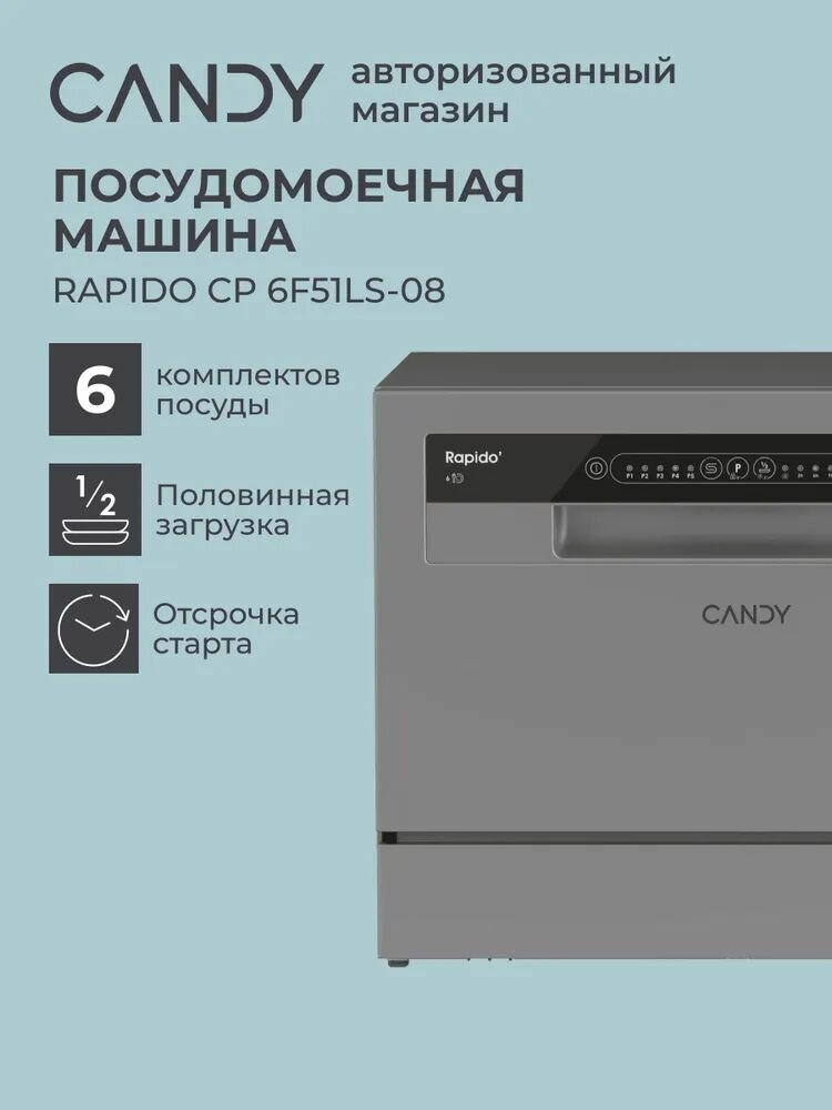 Посудомоечная машина настольная Candy RAPIDO CP 6F51LS-08, 6 комплектов, 5 программ, 1 корзина, класс энергопотребления A, серебристый