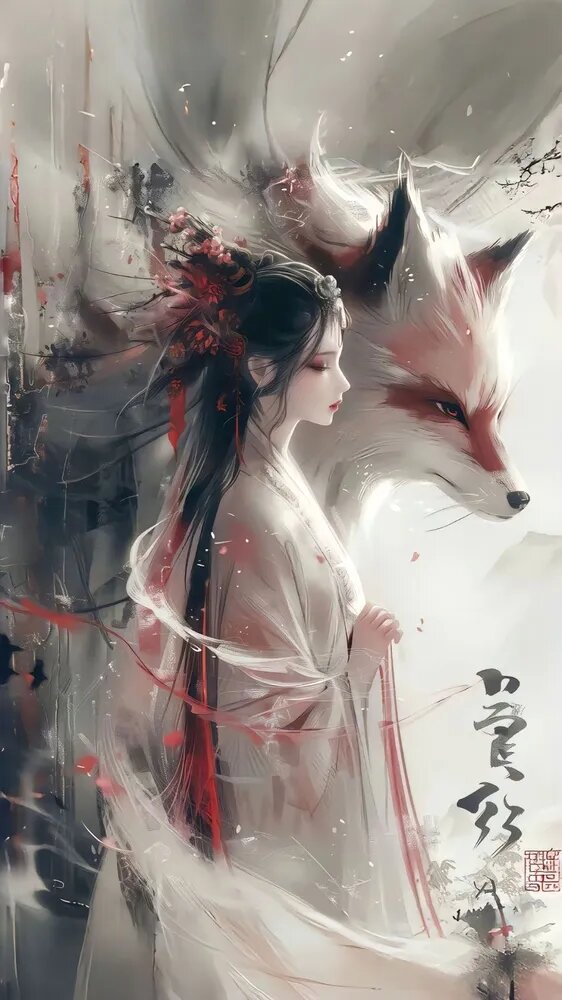 Алмазная Мозаика "Самурай Япония Гейша С Лисой Кицунэ" 40X50 См Алмазная Вышивка / Картина Стразами Подарков /Украшения