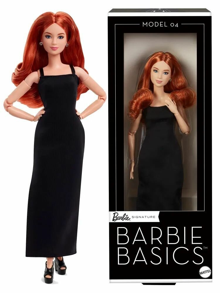 Кукла Mattel Barbie, Коллекционная кукла Basics Model 04, Рыжие вьющиеся волосы, черное мини-платье