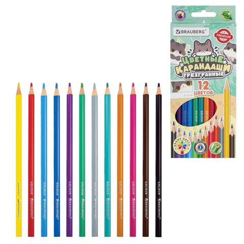 Карандаши цветные кросс-серия "милые коты", 12 цветов, трехгранные, BRAUBERG, 182109