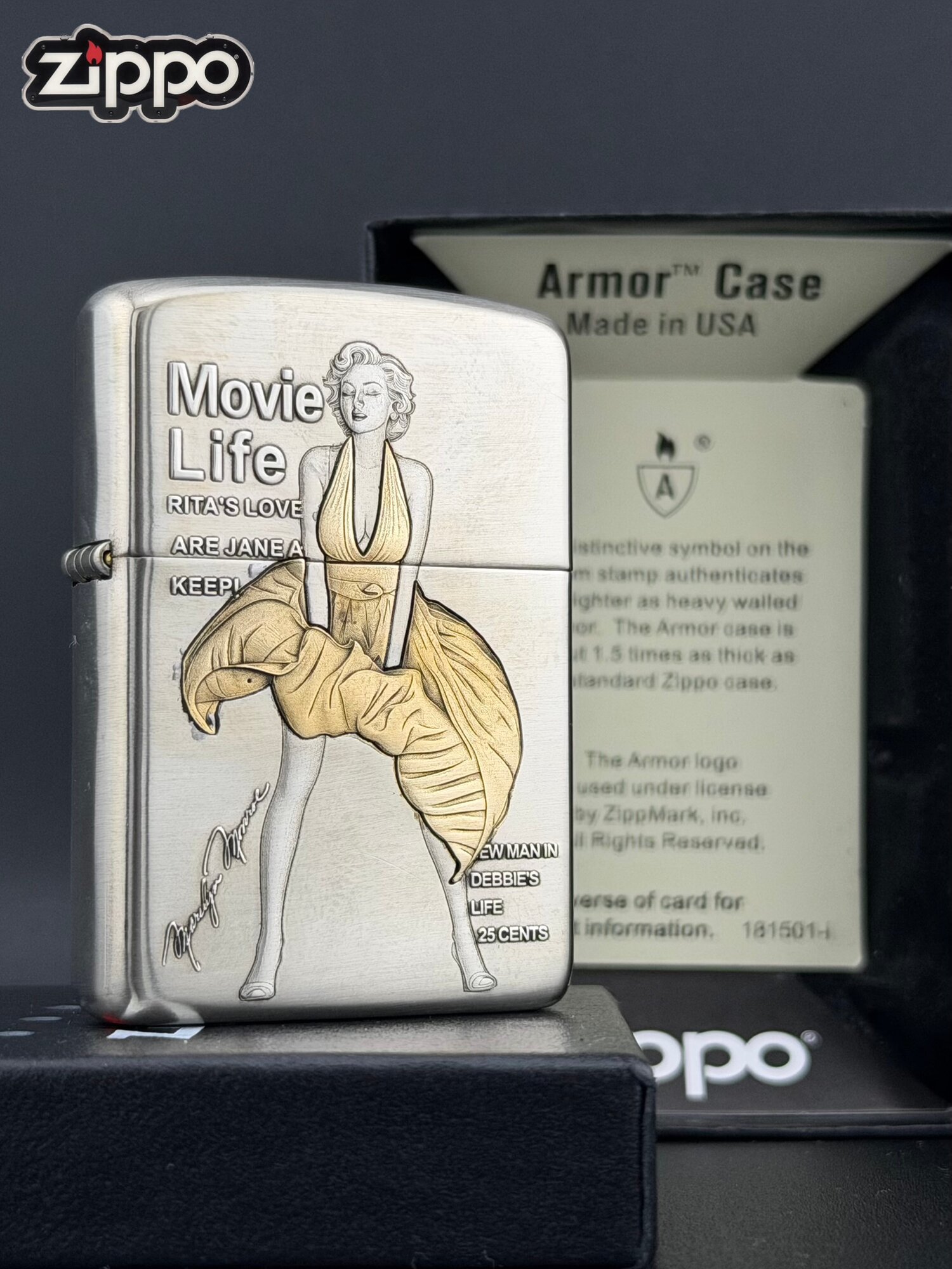 Зажигалка Zippo Armor “Movie Life Marilyn” — оригинал, бензиновая, гравировка в стиле Мэрилин, коллекционная