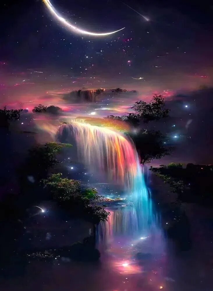 Алмазная Мозаика "Разноцветный Водопад В Лунном Свете" 40x50 См Алмазная Вышивка / Картина Стразами Подарков / Украшения