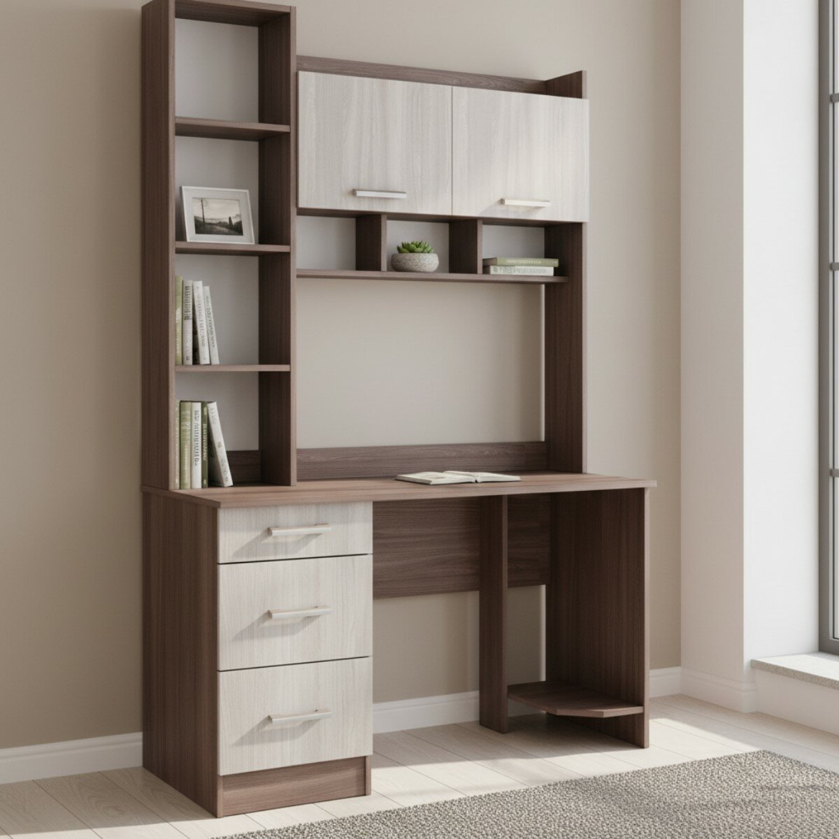 Стол компьютерный письменный Памир ПКС-5 с пеналом, полкой надстройкой и выдвижными ящиками, Ясень шимо тёмный/светлый