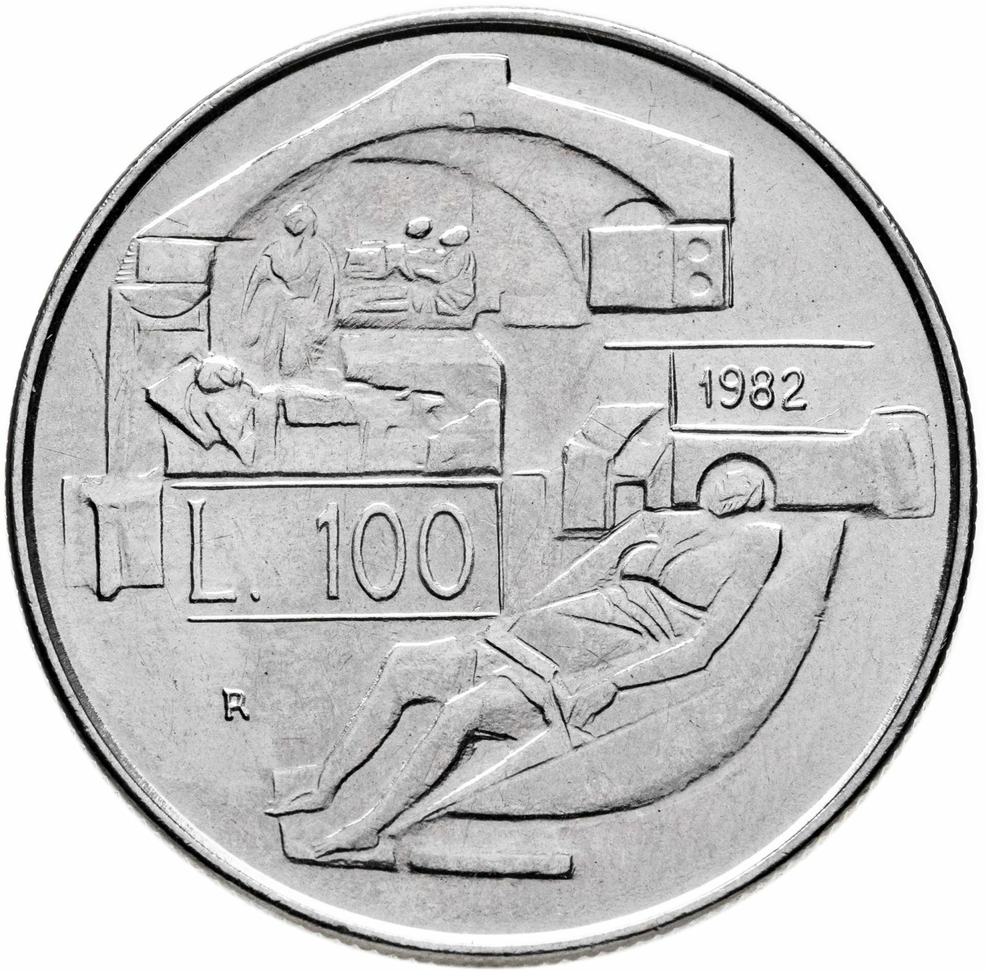 Сан-Марино 100 лир 1982 "Социальные достижения", Сталь, в сохранности UNC