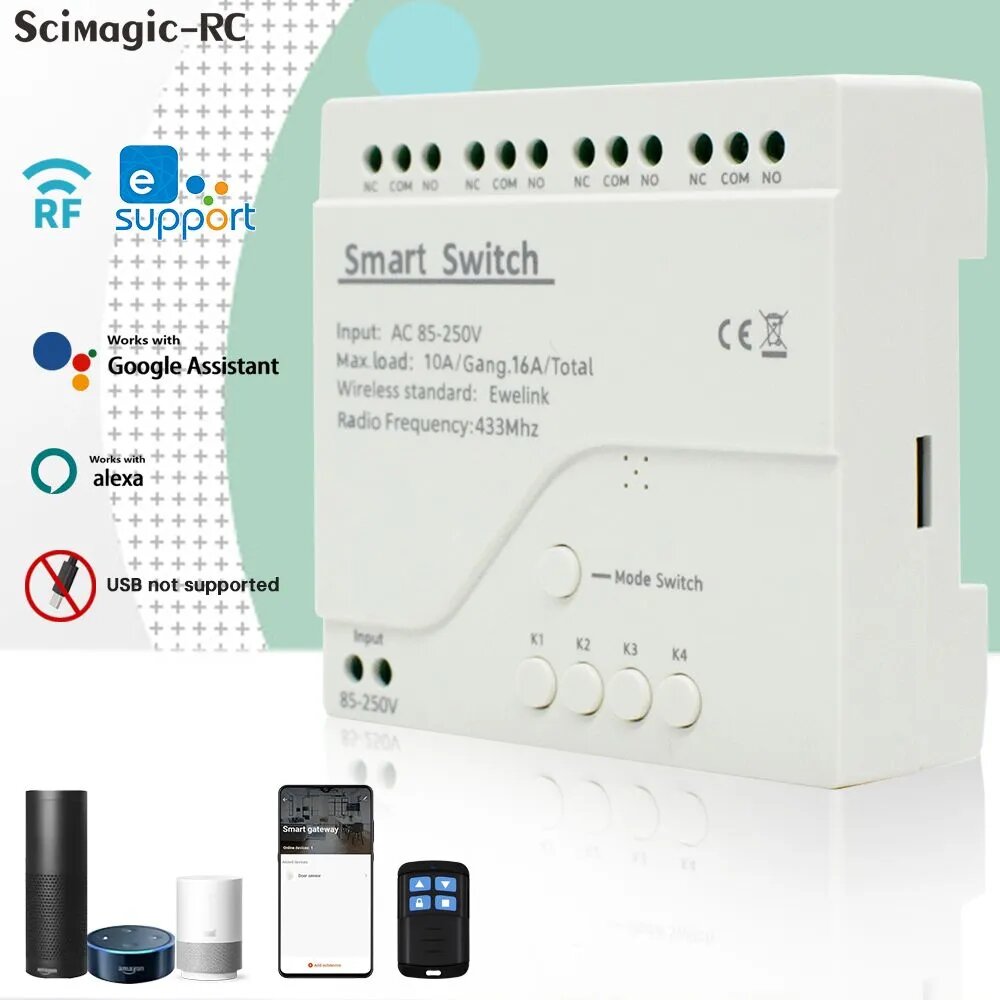 EWeLink Умный Wi-Fi модуль переключателя,110В 220В, импульсный/самоблокирующийся, приемник RF433 пульт ДУ, 4-канальное реле.