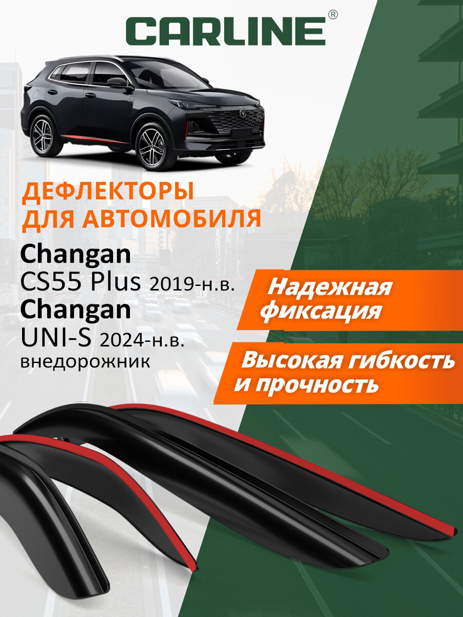 Дефлекторы окон Carline для Changan cs55 Plus, Changan Uni-S, ветровики Чанган 55 Плюс, Чанган Юни S (2019-н. в.), накладные, 4 шт.