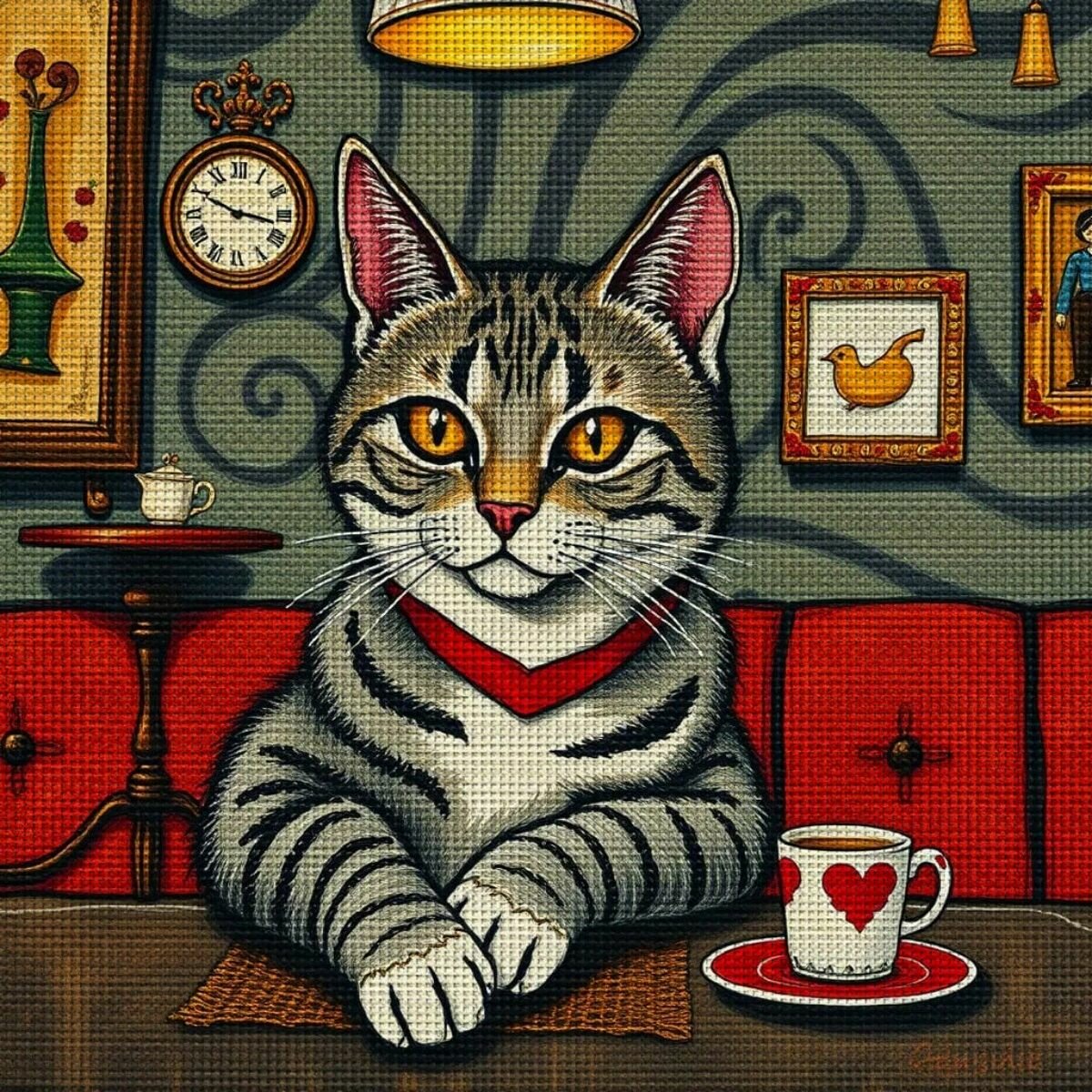 Набор для вышивания,30X30CM,11CT, Кот, Кошачий кофе