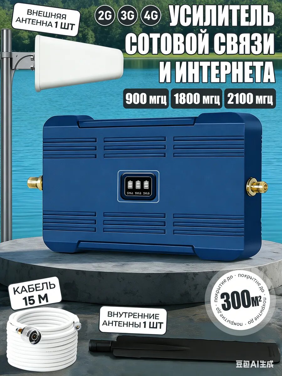 Усилитель сотовой связи 900/1800/2100 МГц (2G/3G/4G): до 70 км, направленный, синий, 1.3 кг