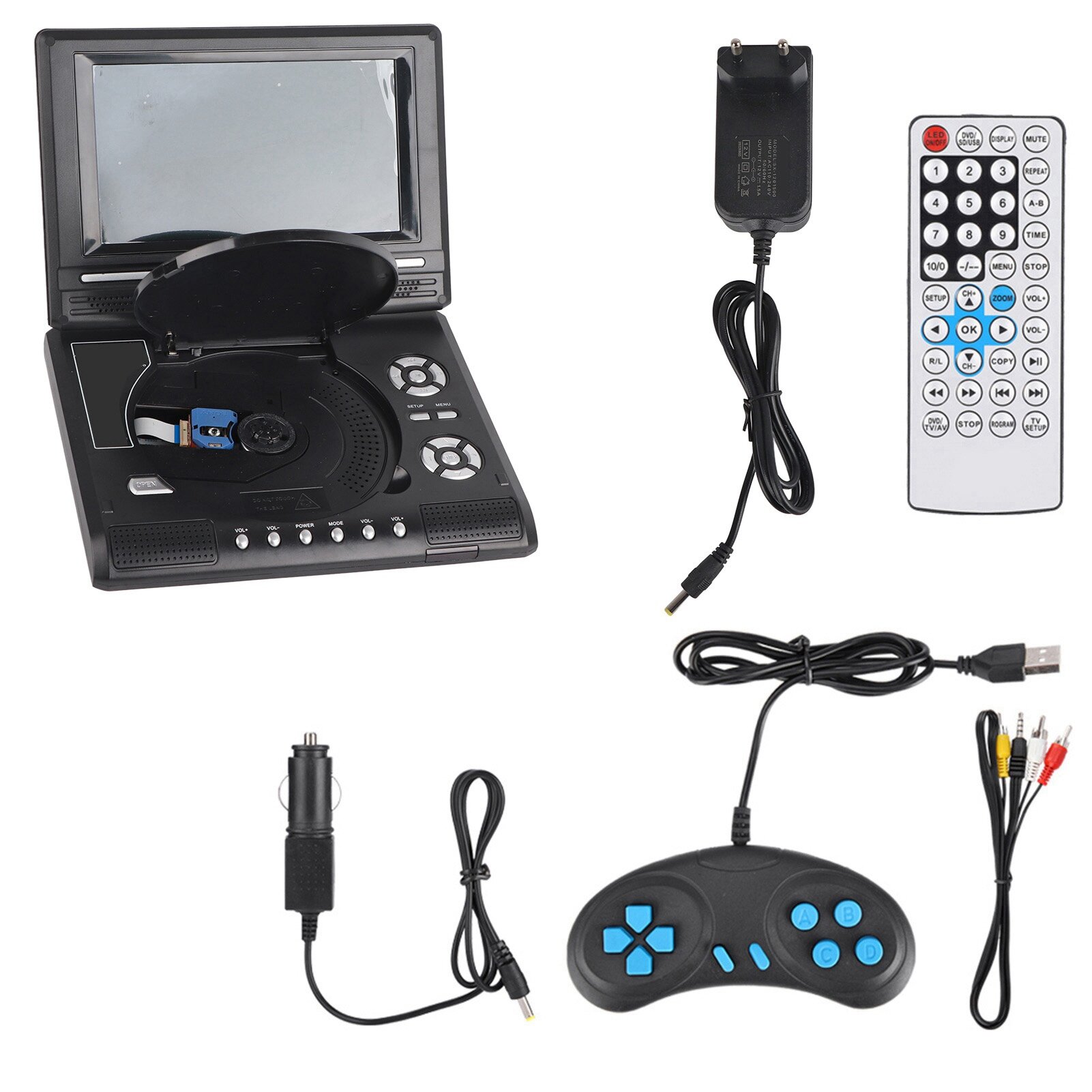 7‑inch Portable DVD Player Swivel Screen Rechargeable TV Car Charger Gamepad