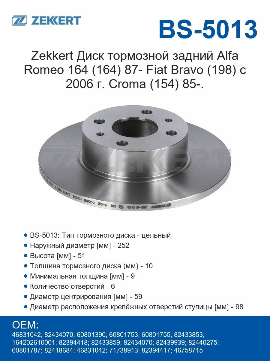 Zekkert Диск тормозной задний Alfa Romeo 164 (164) 87- Fiat Bravo (198) с 2006 г. Croma (154) 85-.