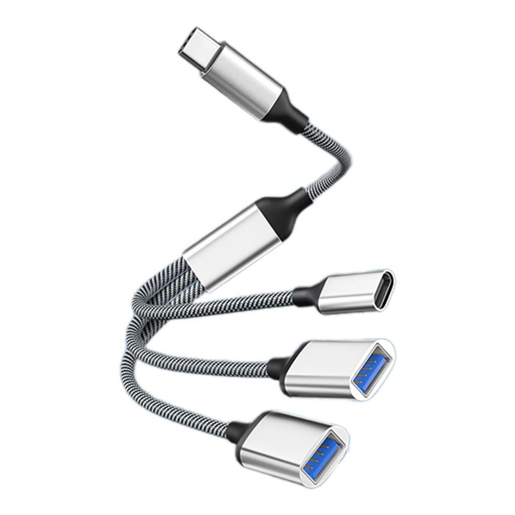 Разветвитель Type-C: 1 USB, 1 Type-C, шнур-адаптер, Серебро