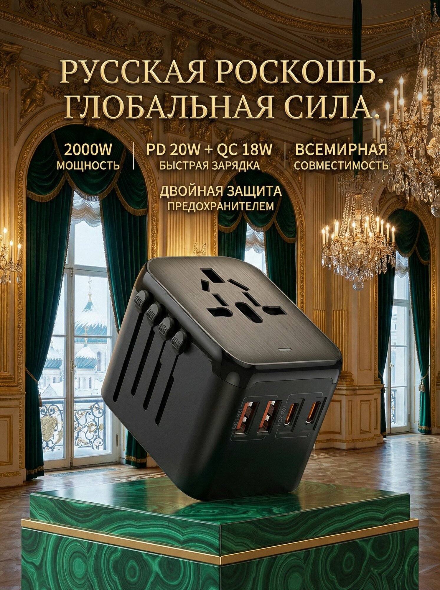 GaN Зарядное устройство для путешествий: Быстрая зарядка с двумя портами USB-C, универсальные вилки (UK/US/EU/AU)