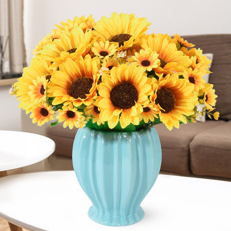 Искусственные цветы подсолнуха, пластиковые цветы, украшения для журнального столика в гостиной, цветы для обеденного стола, декор для помещений, комнатные растения, букеты, декоративные цветы.